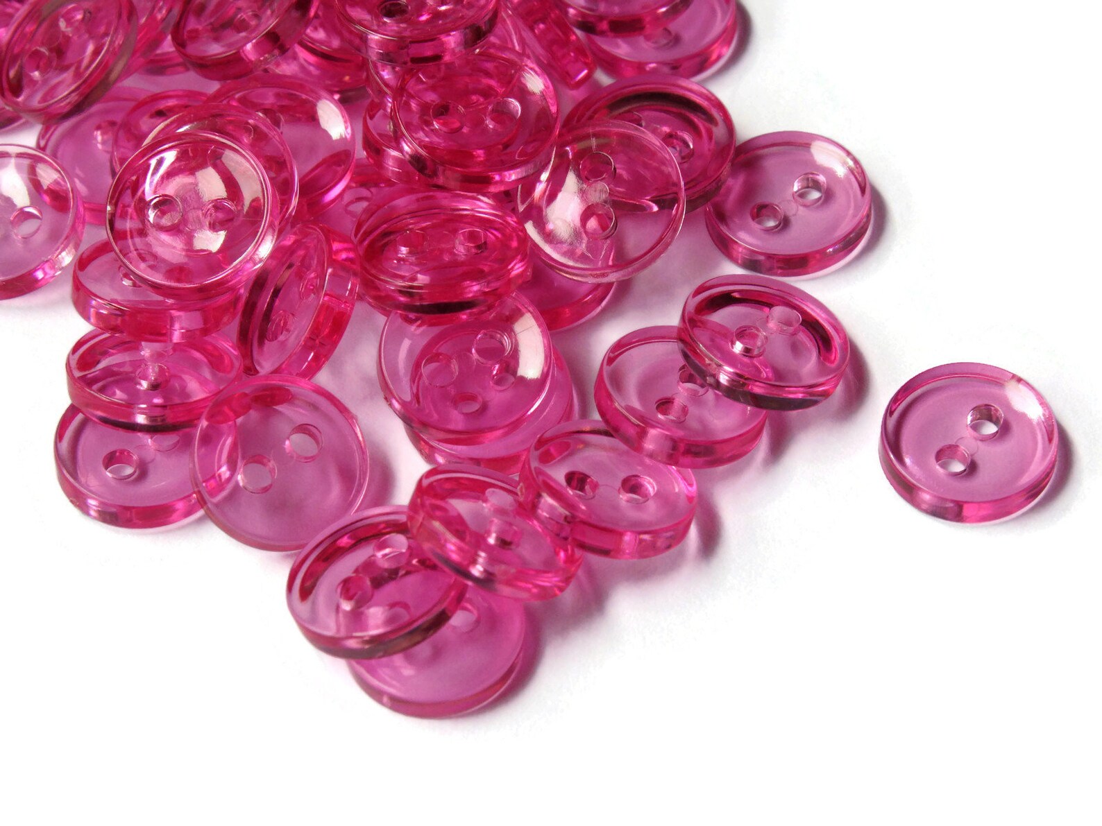50 11mm Clear Dark Pink Buttons Flat Round Plastic Two Hole Buttons ...