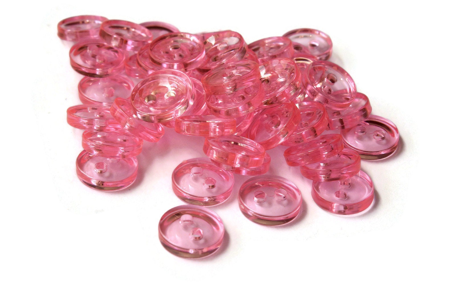 50 11mm Clear Light Pink Buttons Flat Round Plastic Two Hole Buttons ...