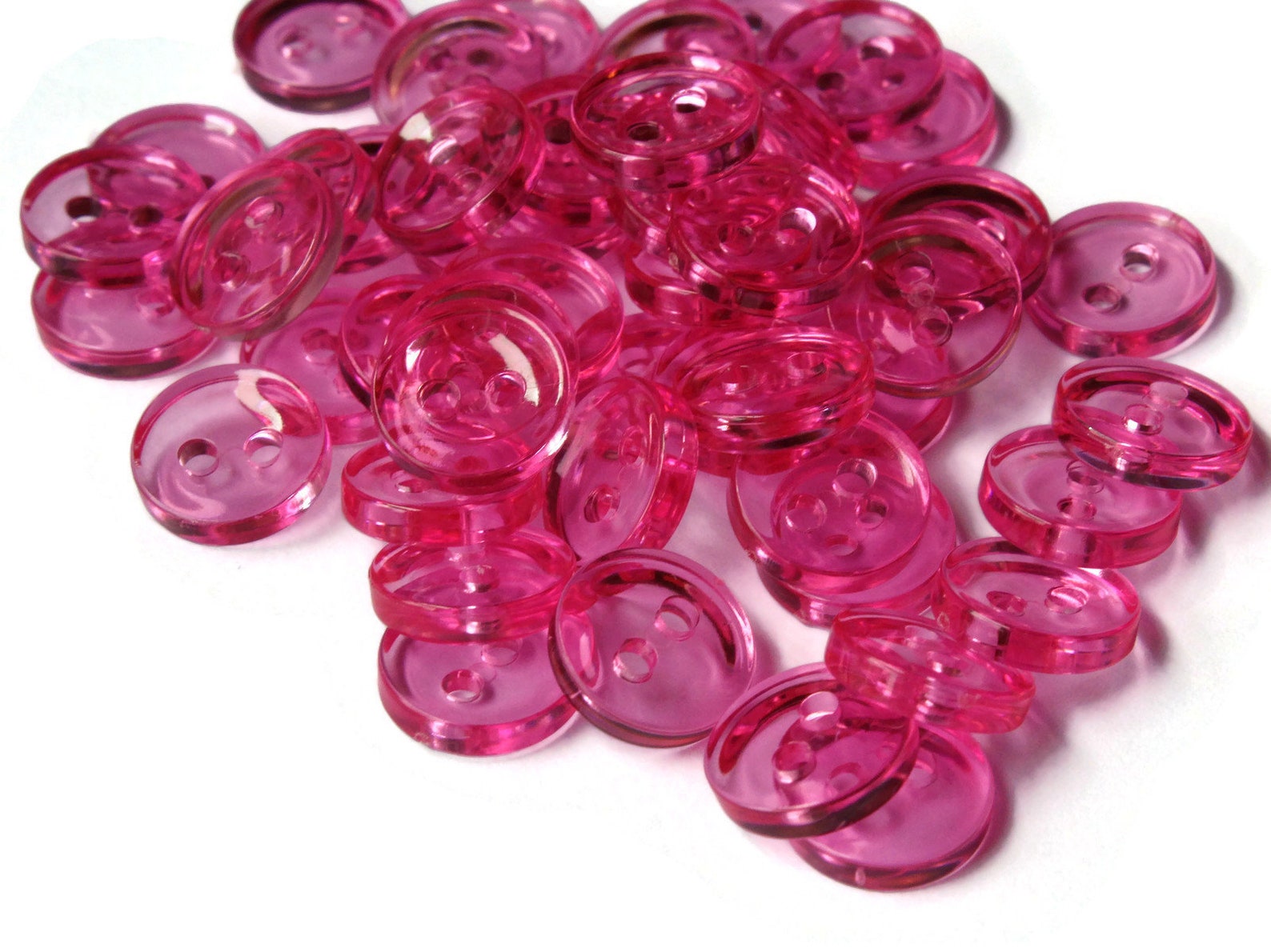 50 11mm Clear Dark Pink Buttons Flat Round Plastic Two Hole Buttons ...