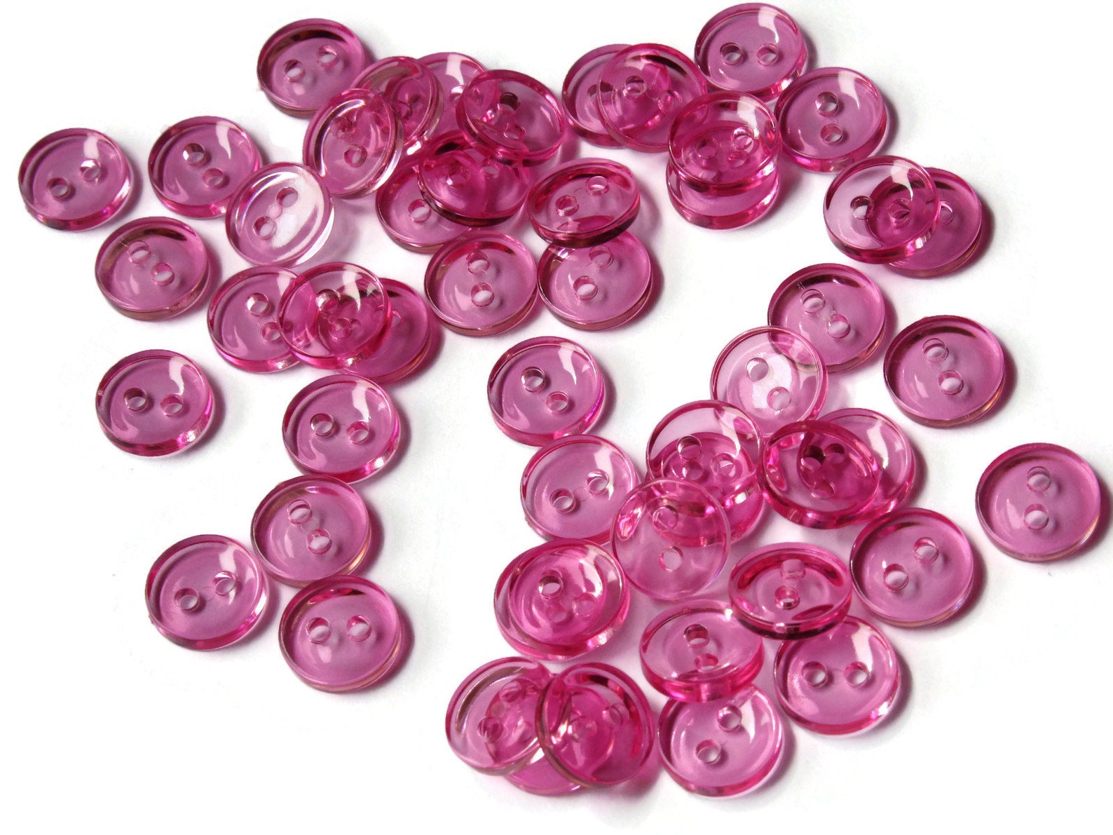 50 11mm Clear Dark Pink Buttons Flat Round Plastic Two Hole Buttons ...