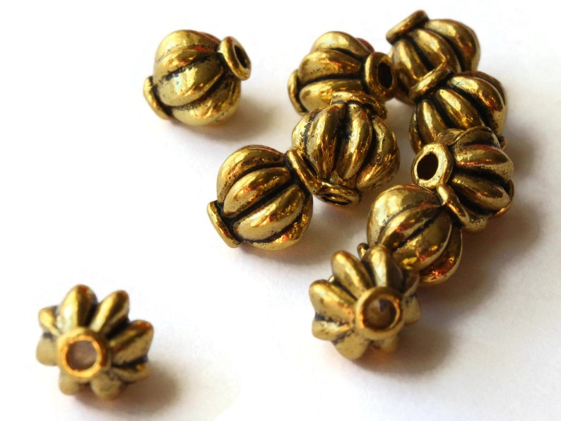 10 8mm Antique Golden Round Beads With Rim Fluted Beads Ridged Beads ...