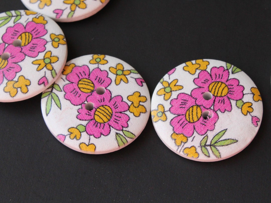 8 30mm Buttons Pink Flower Buttons Big White Buttons Two Hole Buttons ...