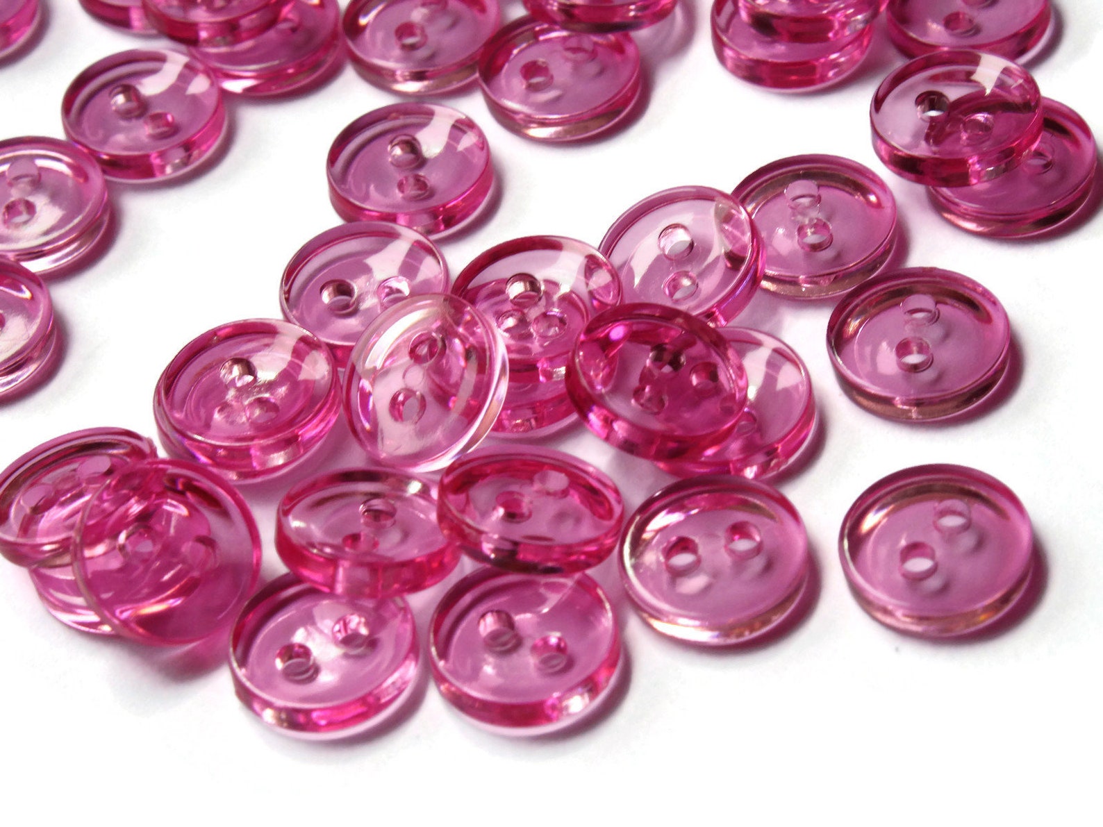 50 11mm Clear Dark Pink Buttons Flat Round Plastic Two Hole Buttons ...
