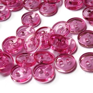 50 11mm Clear Dark Pink Buttons Flat Round Plastic Two Hole Buttons ...