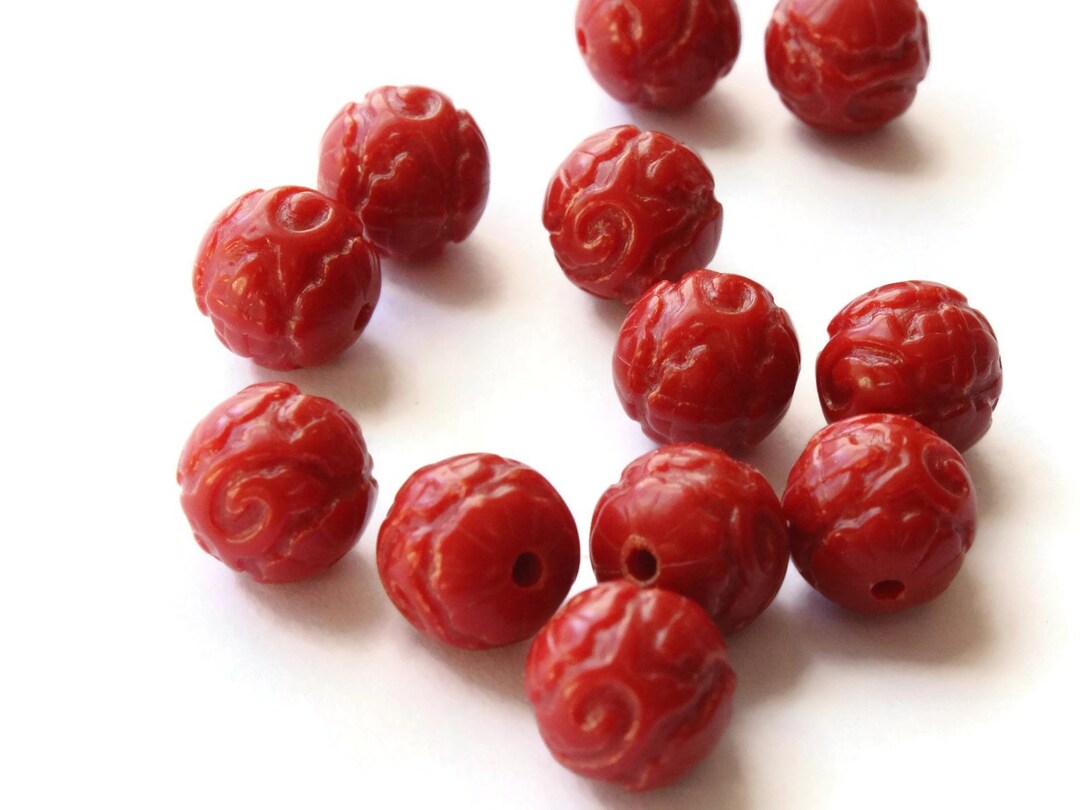 12 10mm Round Red Patterned Beads Vintage Plastic Beads New Old Stock ...