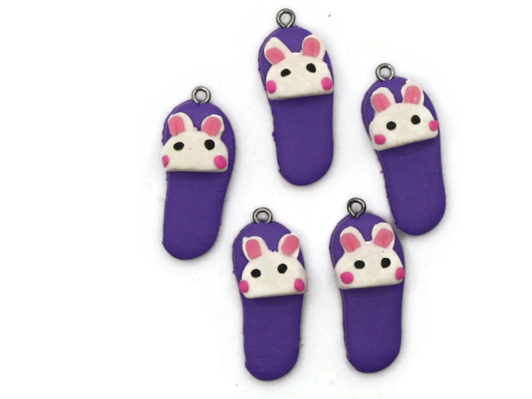 5 34mm Purple Bunny Rabbit Slipper Charms Polymer Clay Miniature Animal ...