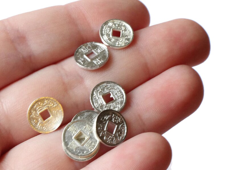 30 10mm Silver Chinese Coin Beads Flat Round Miniature Replica Money ...