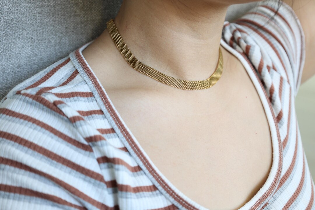 18K Gold Mesh Choker, Vintage Wide Mesh Choker Necklace, Waterproof ...