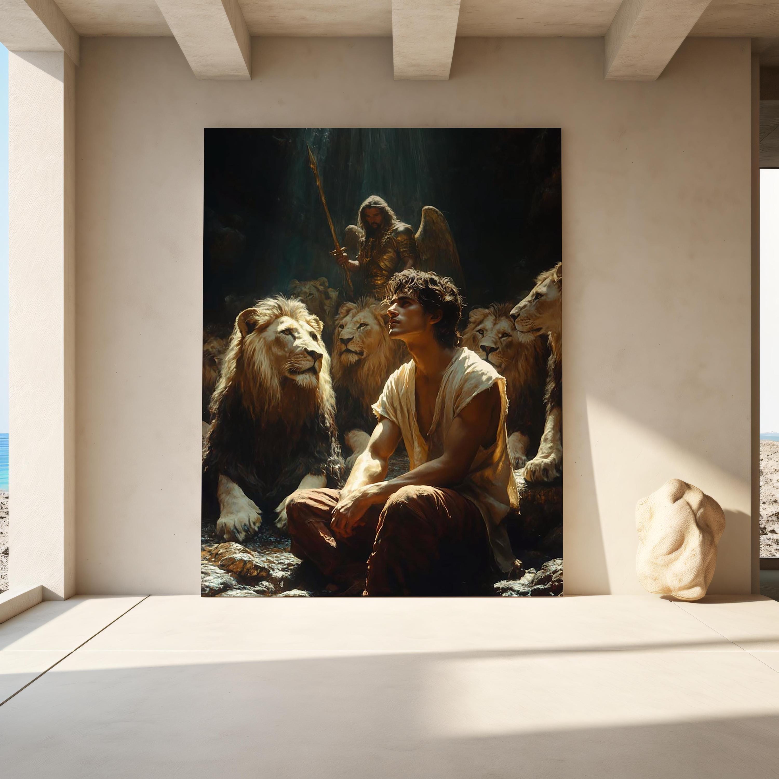 Daniel in the Lion's Den Biblical Art - Angelic Protection With Lions ...