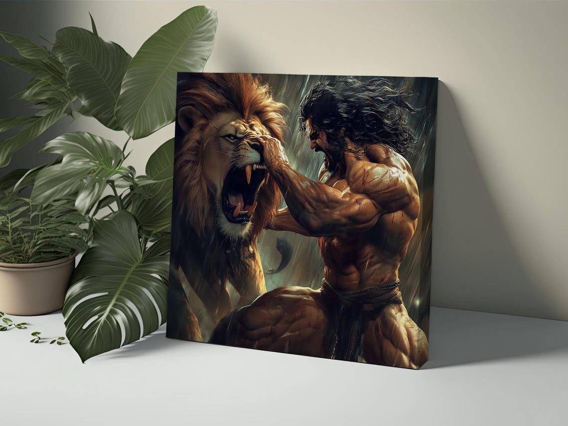Samson and Lion Biblical Living Room Bedroom Wall Art Decor Christian ...
