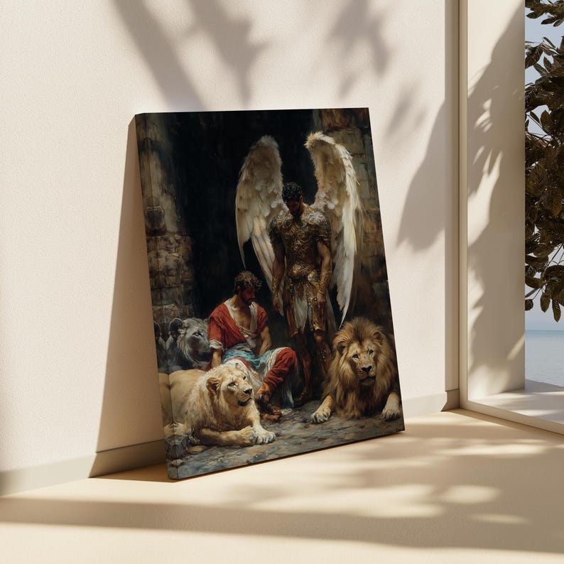 Daniel in the Lion's Den Biblical Art - Angelic Protection With Lions ...