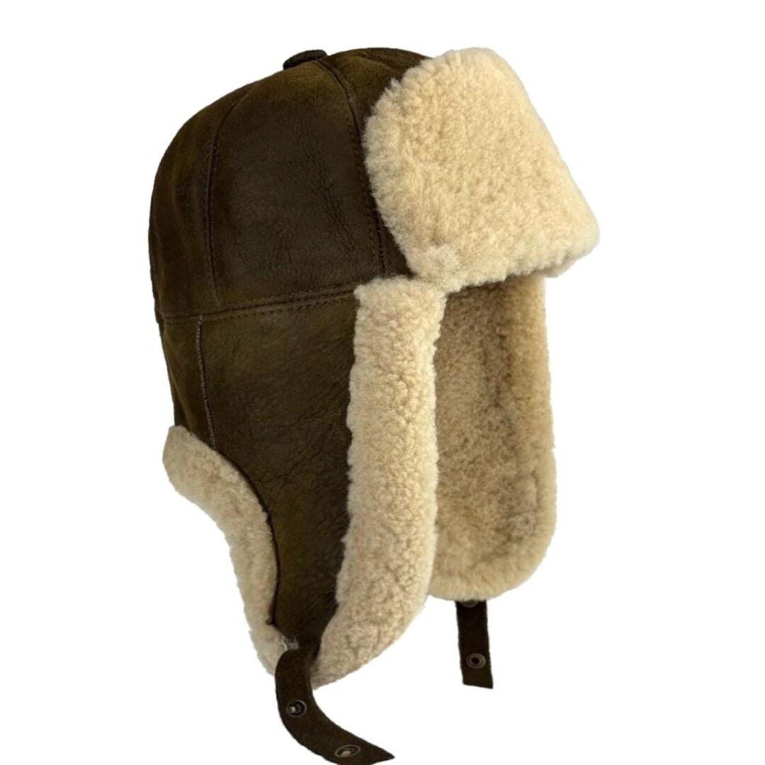Olive Shearling Sheepskin Trapper Hat | Aviator Winter Fur Hat | Warm ...
