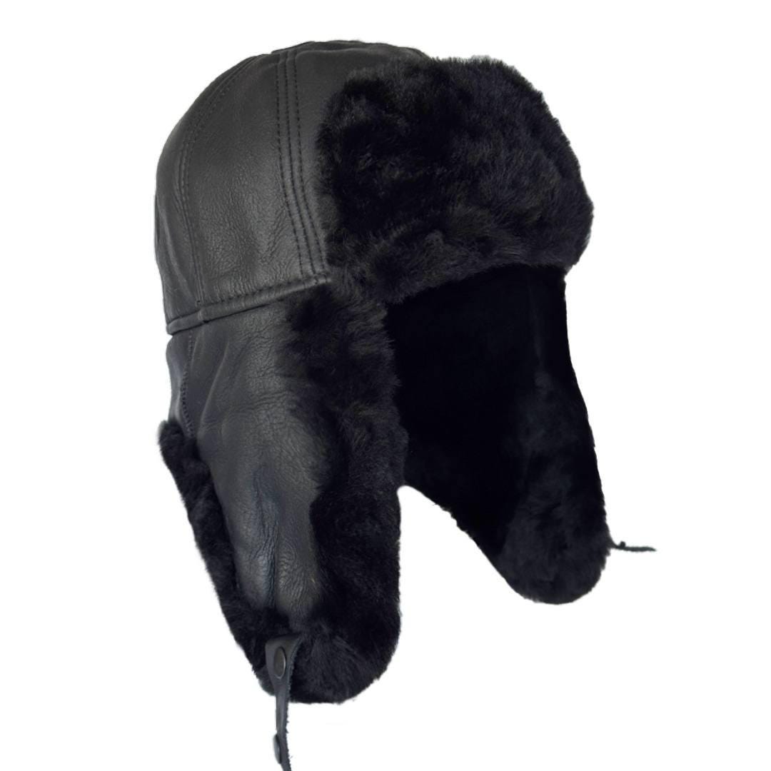 Real Sheepskin Fur Hat Shearing Leather Trapper for Men & Women Wool ...