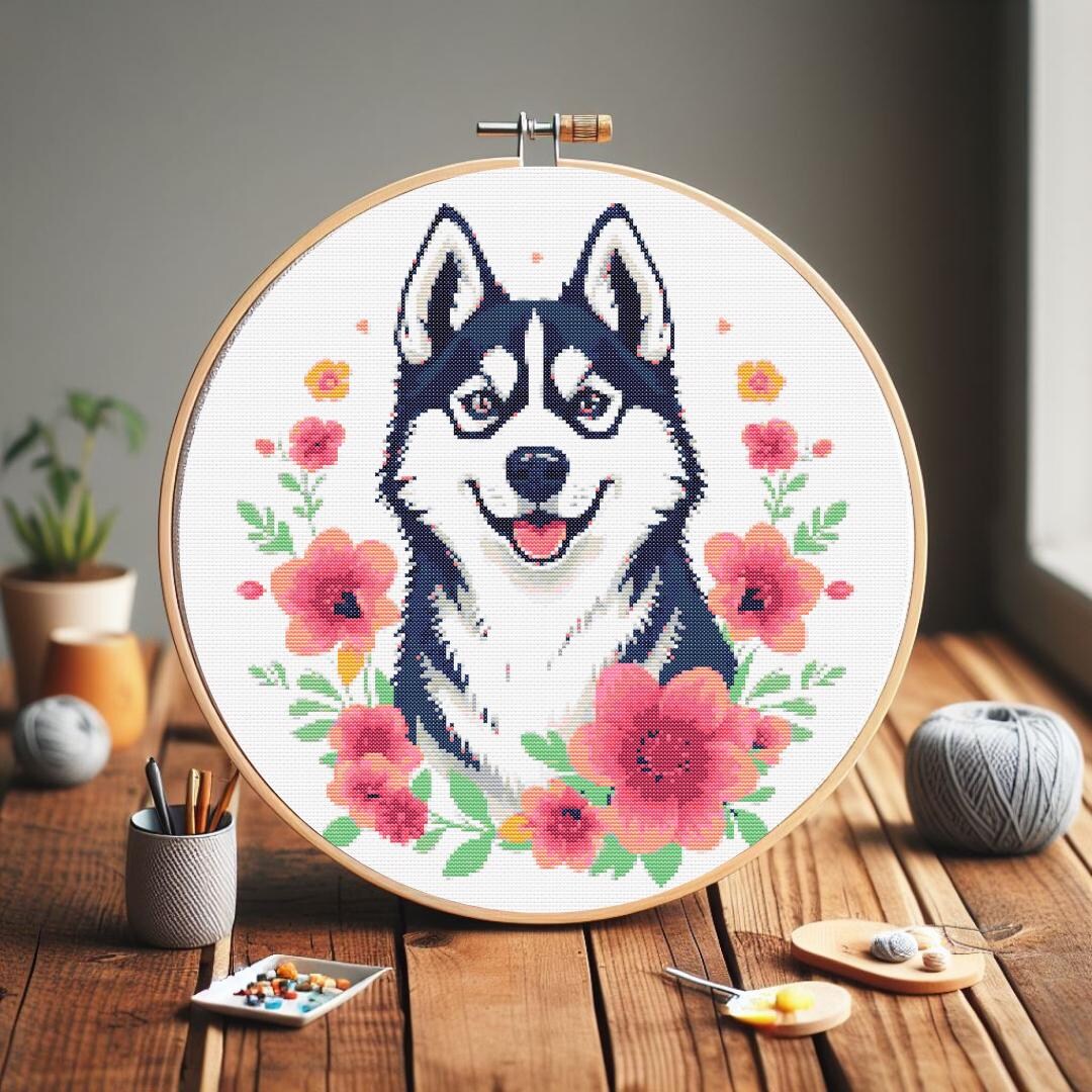 Floral Husky Cross Stitch Pattern: Boho Animal Embroidery (digital PDF ...