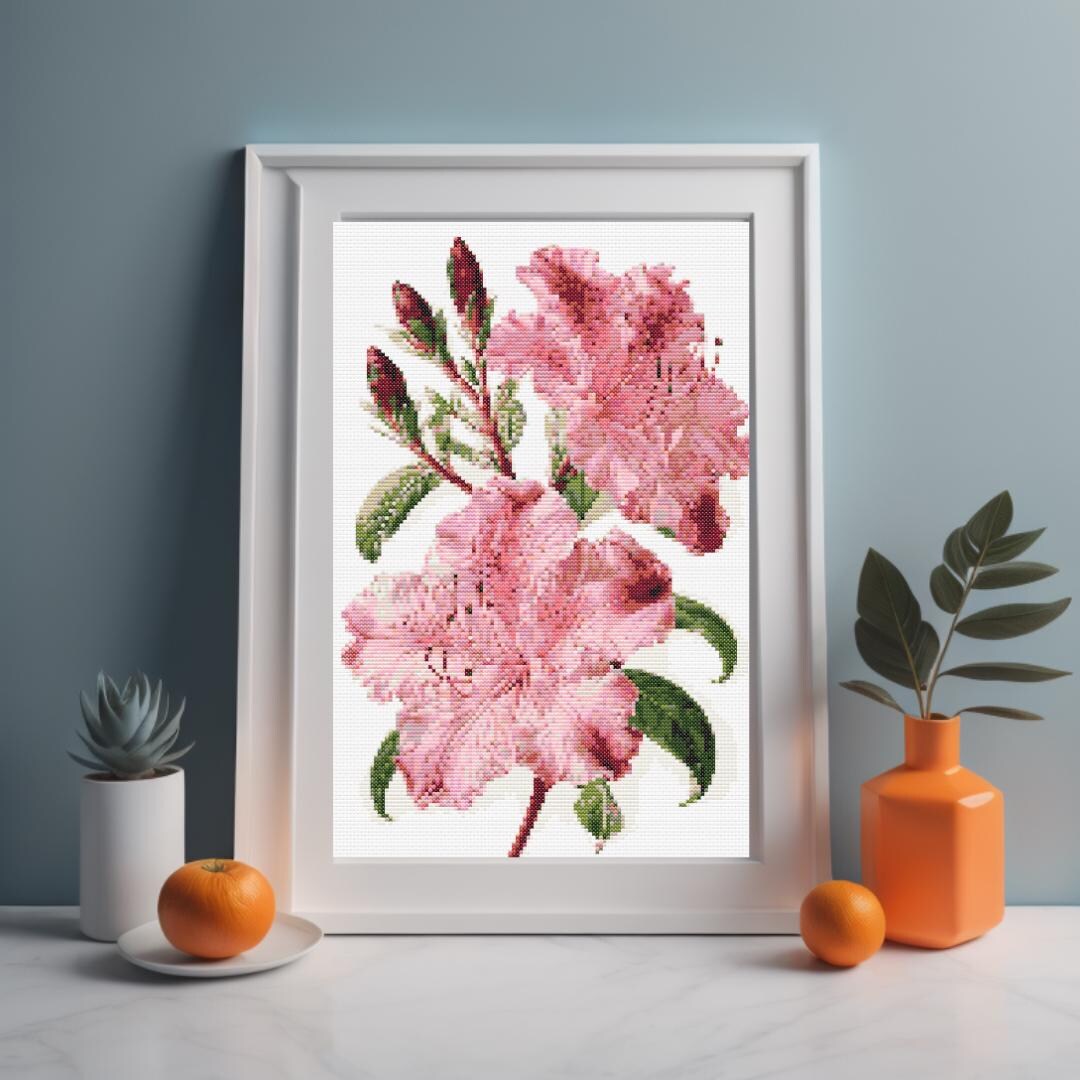 Realistic Azalea Flowers Cross Stitch Pattern With Vibrant Pink Tones ...