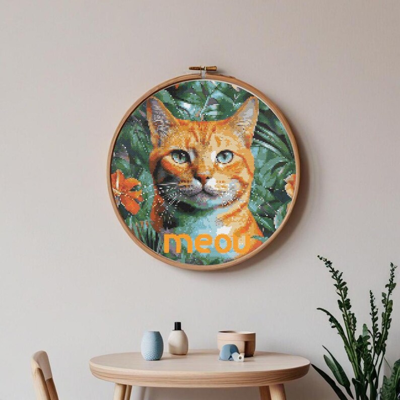 Orange Cat Modern Needlework Pattern With Greenery Background-hoop Art ...