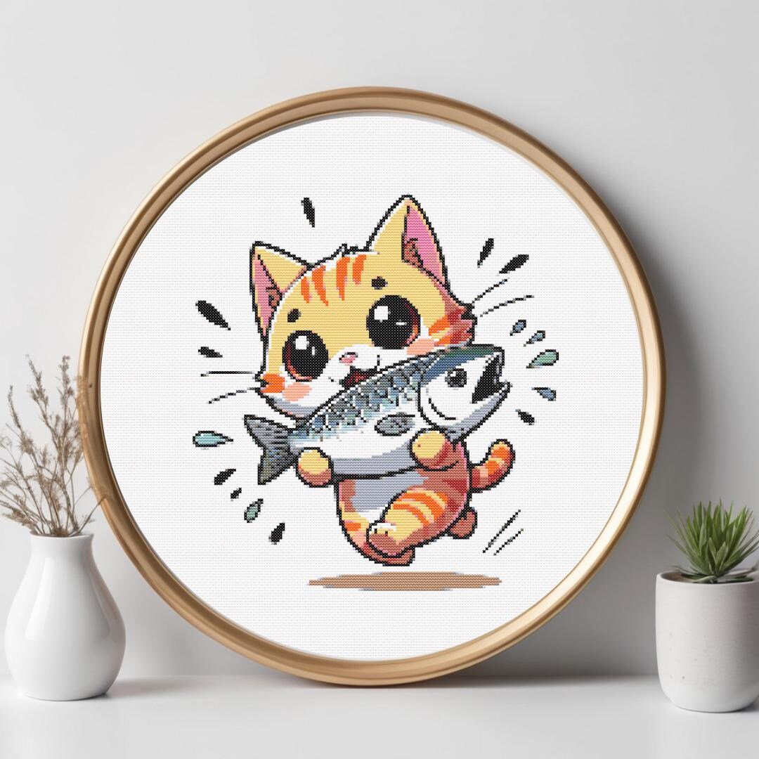 Mischievous Cat Stealing Fish Kawaii Cross Stitch Pattern | Cute ...