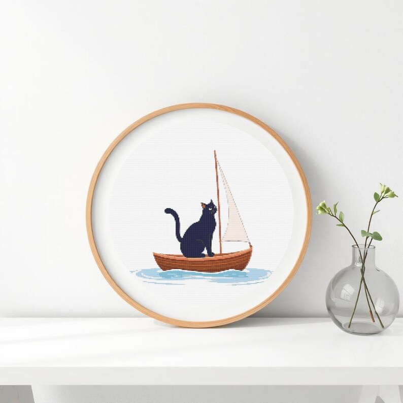 Black Cat Sailing on a Boat Cross Stitch Pattern - Nautical Theme ...