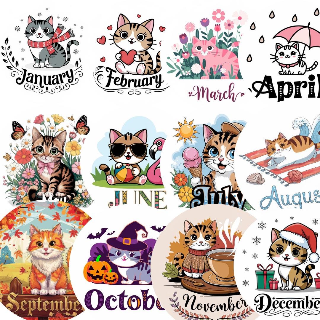 Cute Cats Representing 12 Months Cross Stitch Pattern-cute Cat Pattern ...