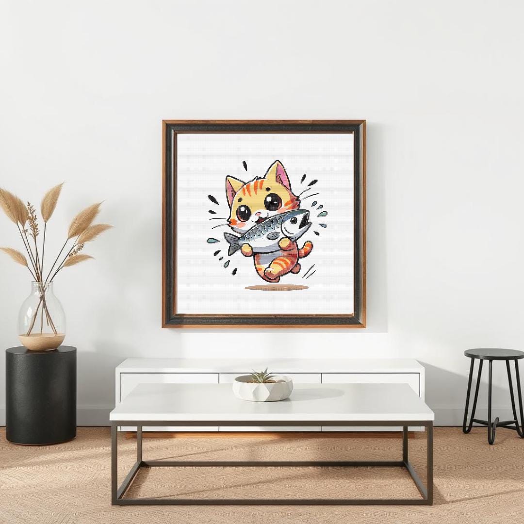 Kawaii Cat Stealing Fish Cross Stitch Pattern (digital PDF) - Etsy