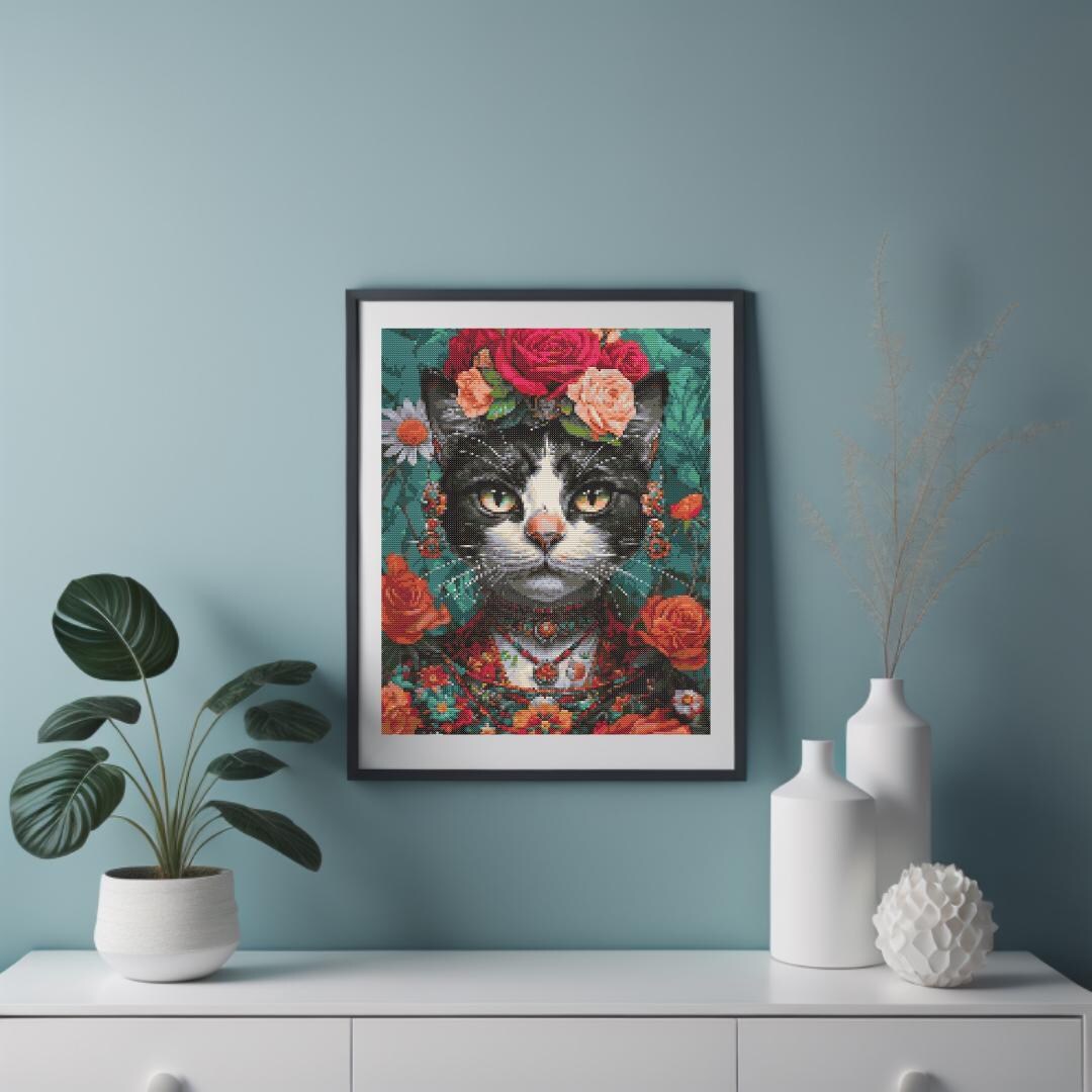 Regal Anthropomorphic Cat in Kahlo-inspired Portrait With Roses Cross ...