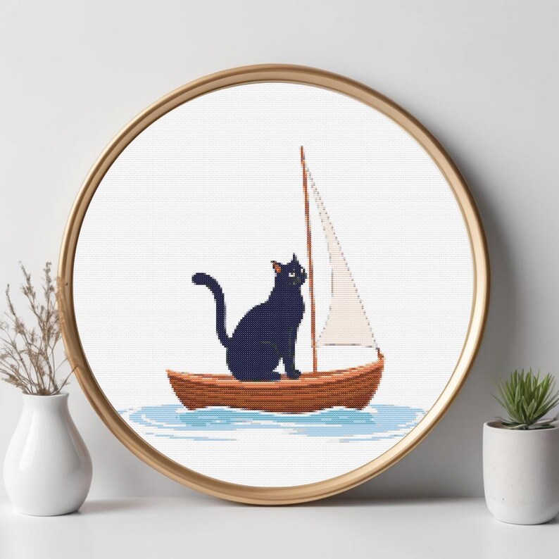 Black Cat Sailing on a Boat Cross Stitch Pattern - Nautical Theme ...