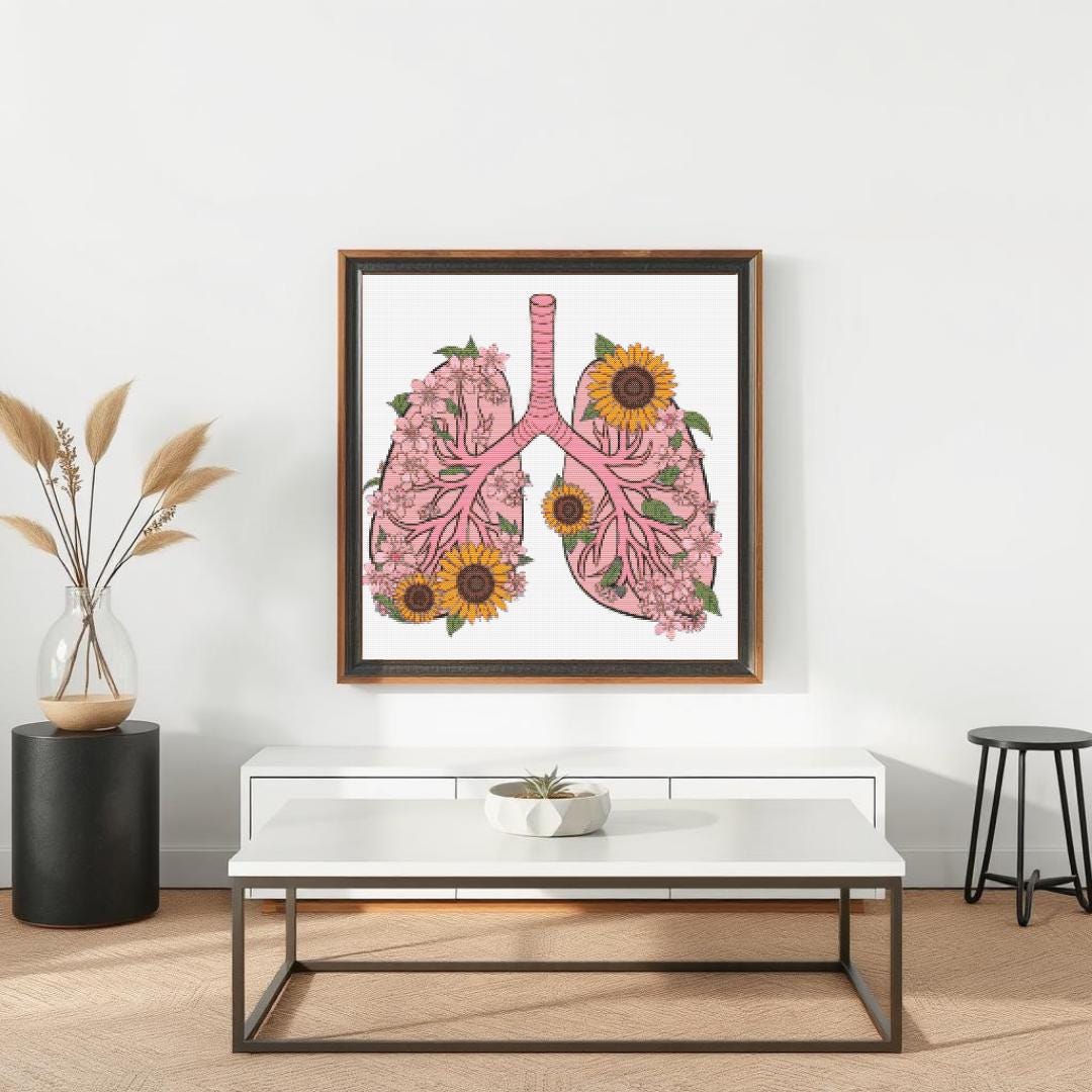 Lungs Cross Stitch Pattern | Floral Respiratory Organ Embroidery PDF ...