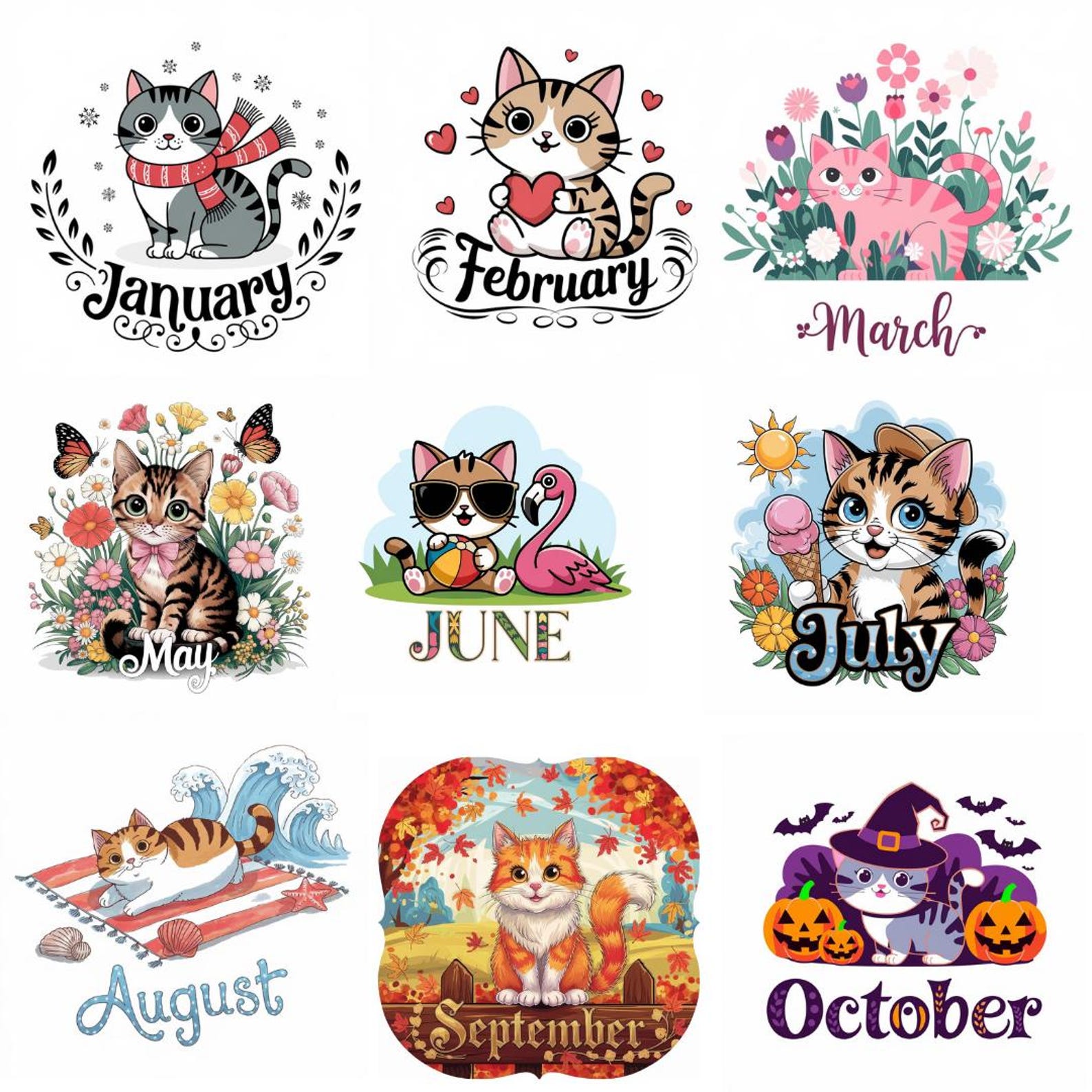Cute Cats Representing 12 Months Cross Stitch Pattern-cute Cat Pattern ...