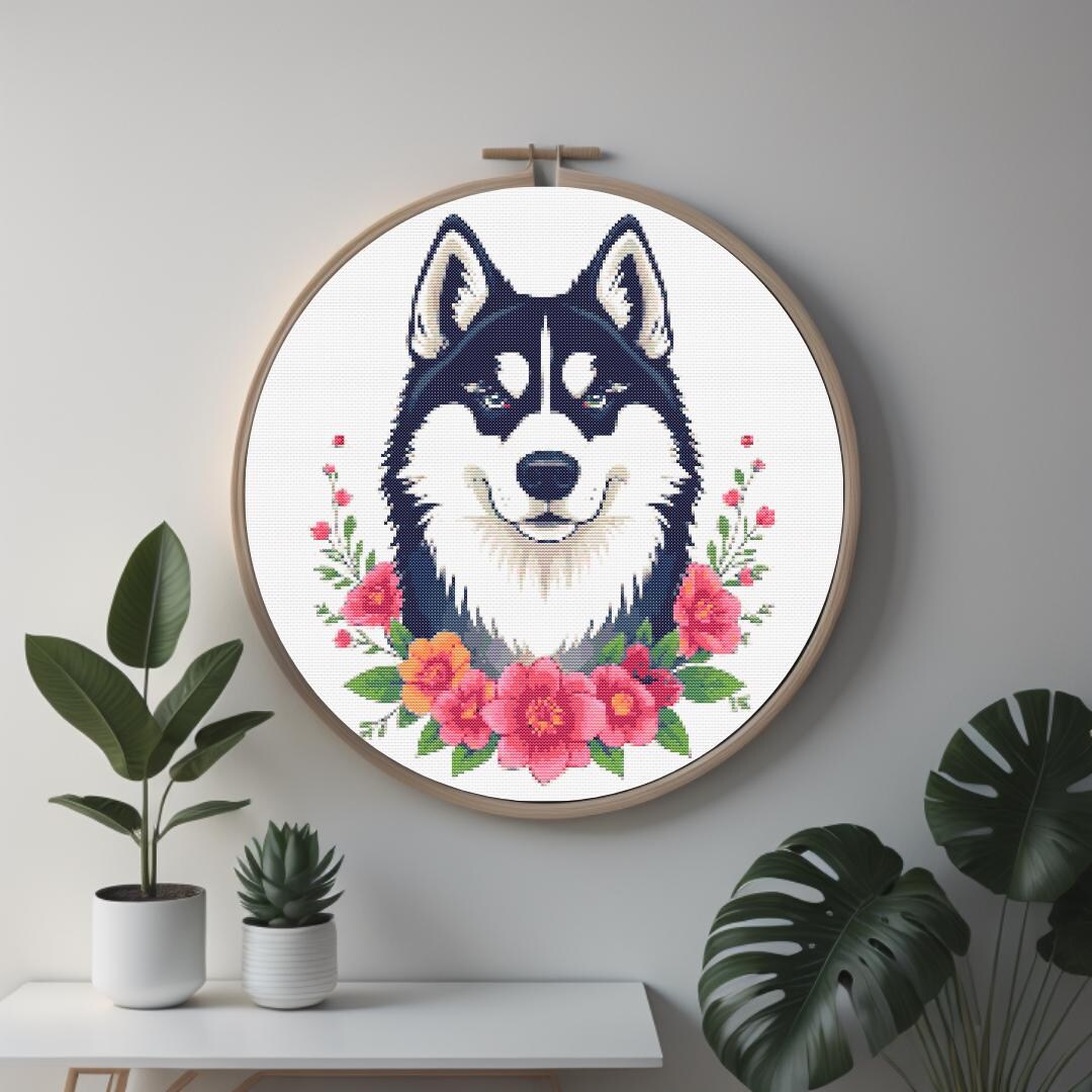 Husky Cross Stitch Pattern - Floral Dog Embroidery PDF - Cute Pet ...