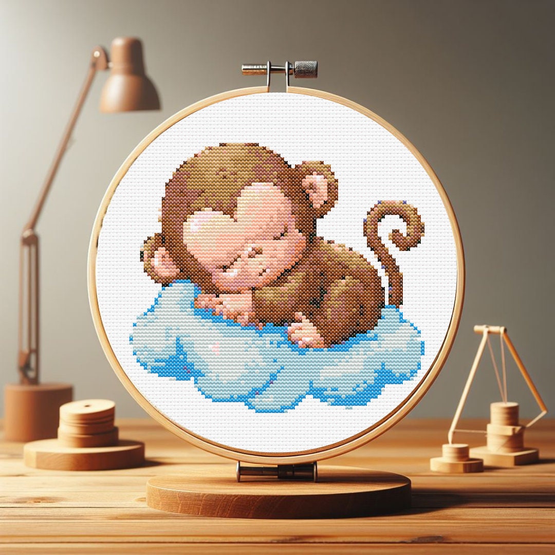 Cute Monkey Lying on a Cloud Cross Stitch Model - Sleepy Monkey Cross Stitch - Suitable for ...