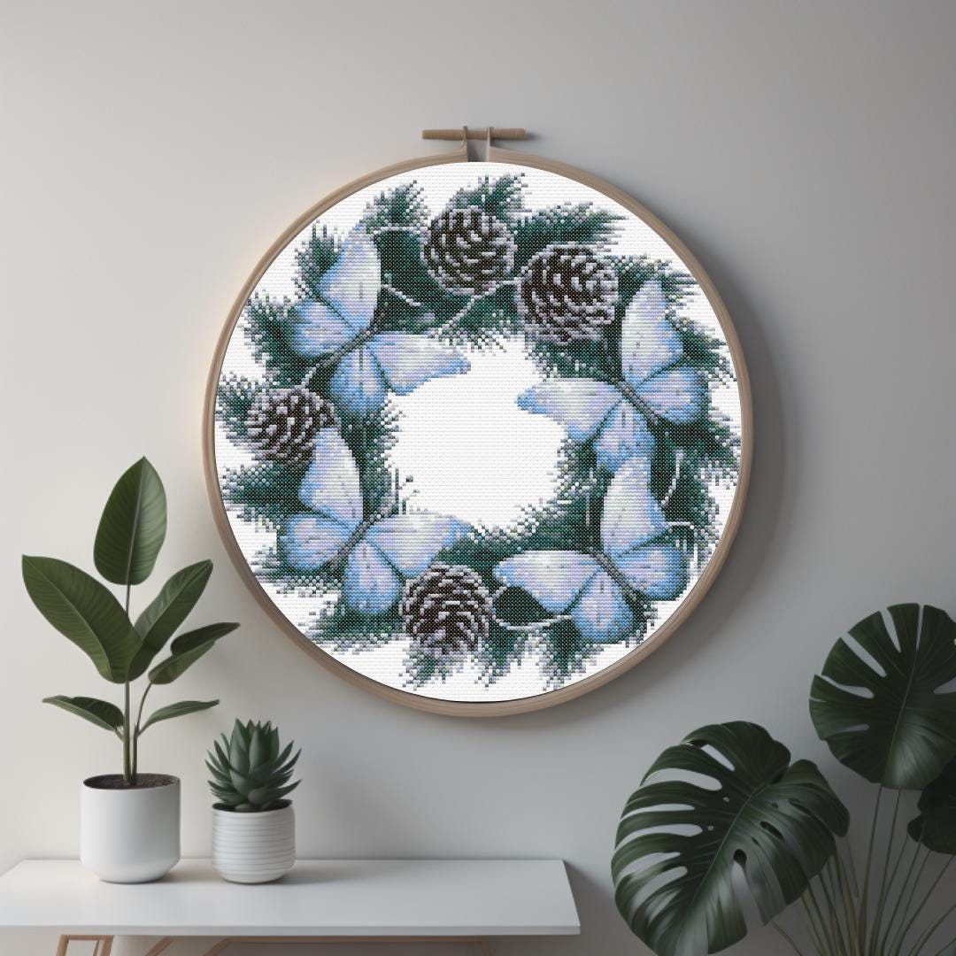 Pine Cone and Blue Butterfly Winter Wreath Cross-stitch Pattern ...