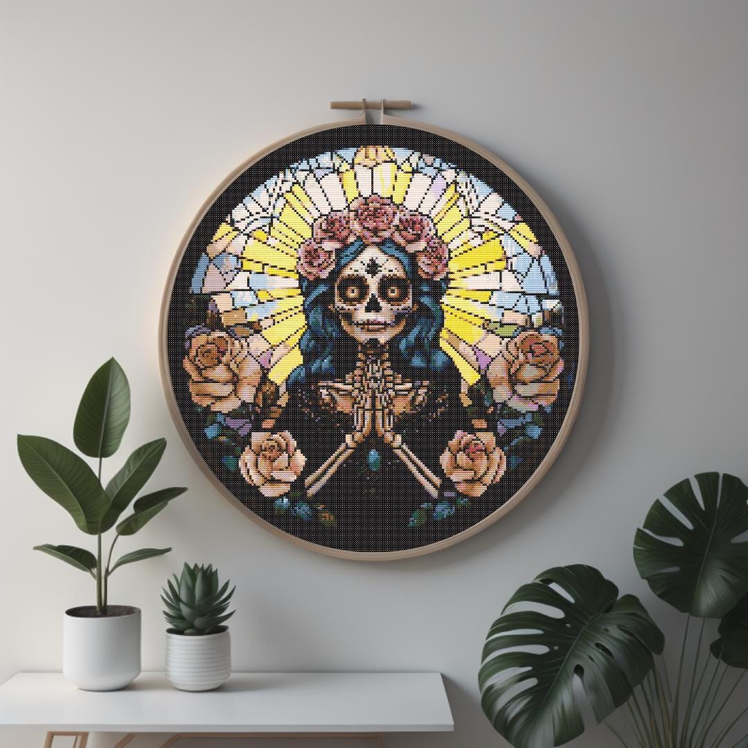 La Catrina Stained Glass Cross Stitch Pattern: Elegant Day of the Dead ...