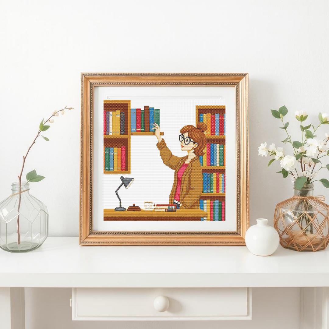 Library Worker Cross Stitch Pattern: Cozy Reading Design (PDF) - Etsy