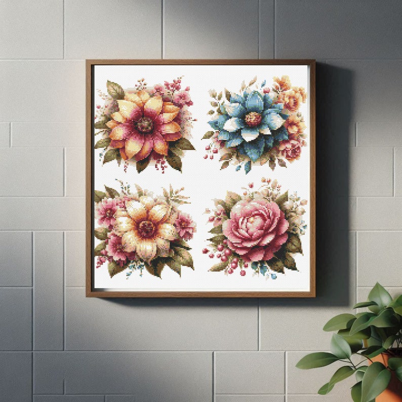 4 Floral Themed Digital Cross Stitch Patterns - PDF Download | Cross ...