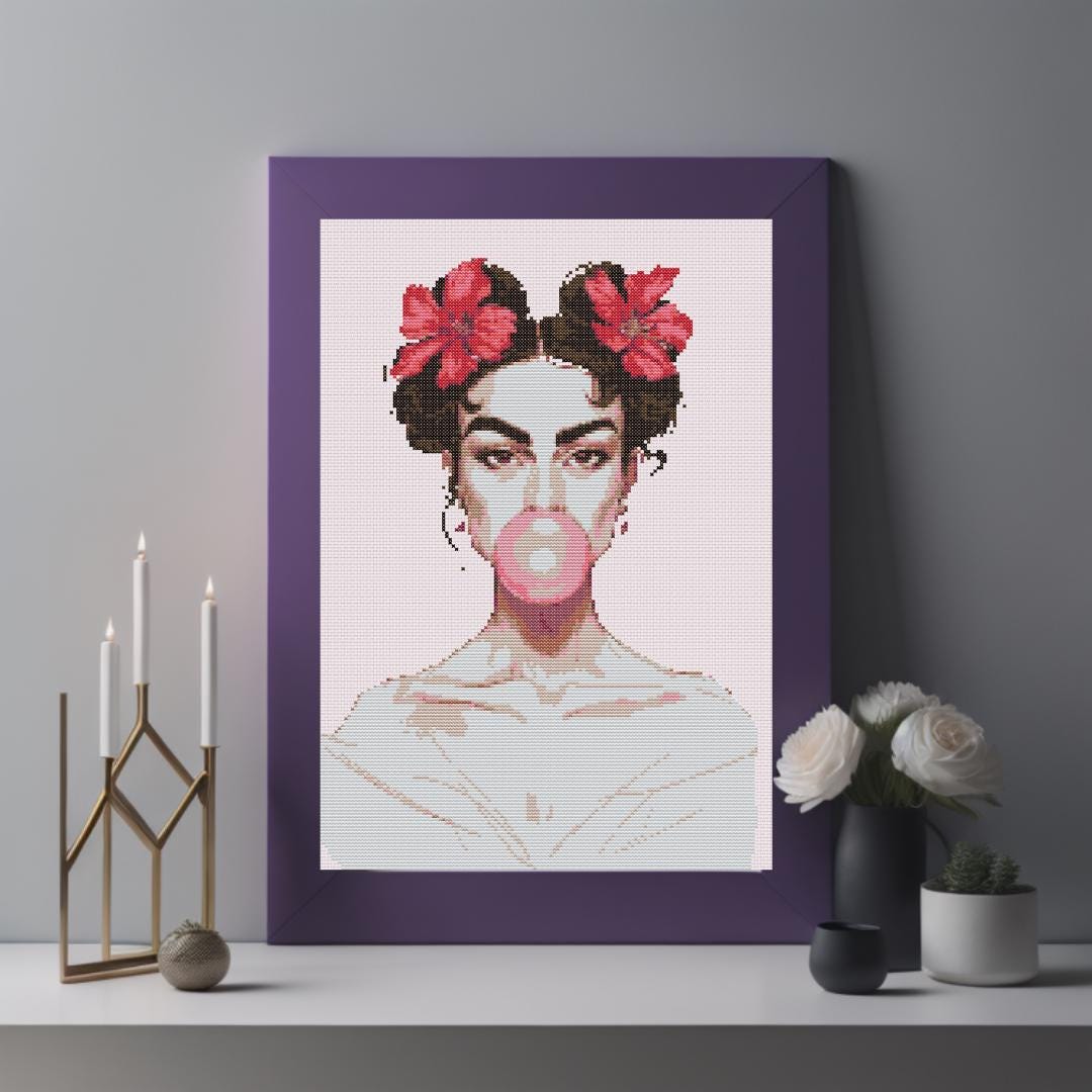 Cross Stitch Model With the Figure of a Modern Woman Chewing Gum in the ...