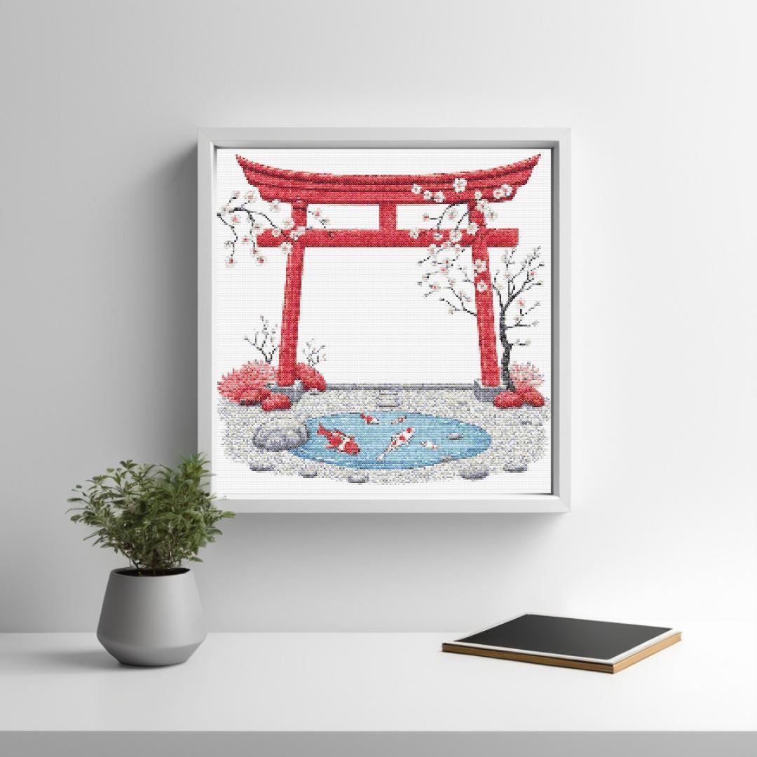 Japanese Torii Gate Cross Stitch Pattern | Koi Fish & Sakura Embroidery ...
