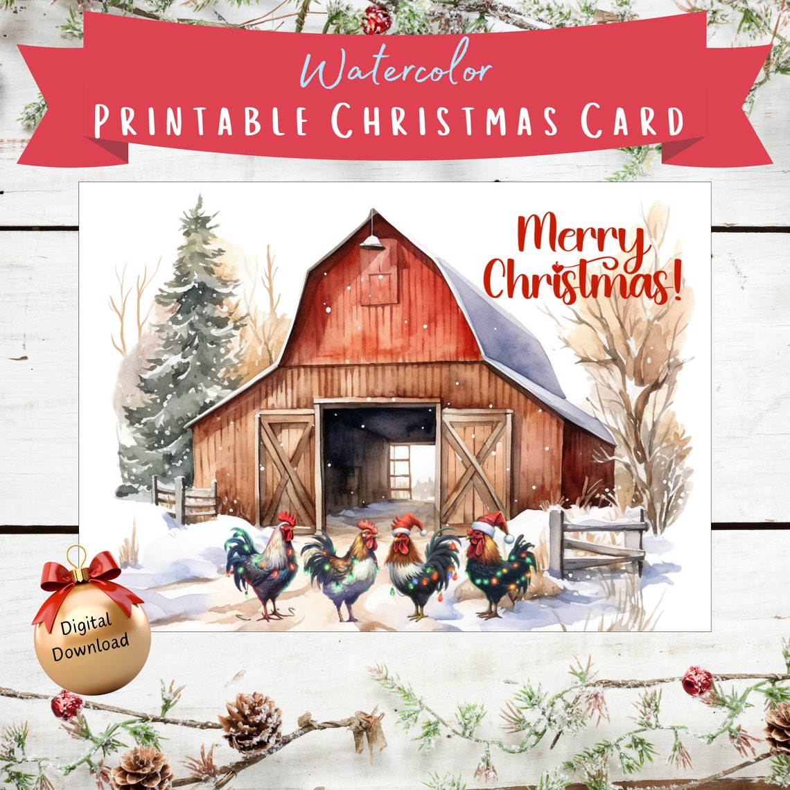 Printable Christmas Card, Watercolor Card, Chicken Lover Card, Farm ...