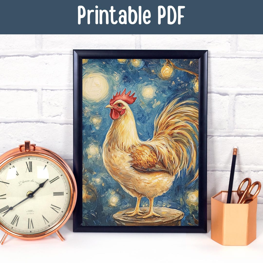 Printable Wall Art Starry Night and A Chicken, Chicken Print, Van Gogh ...