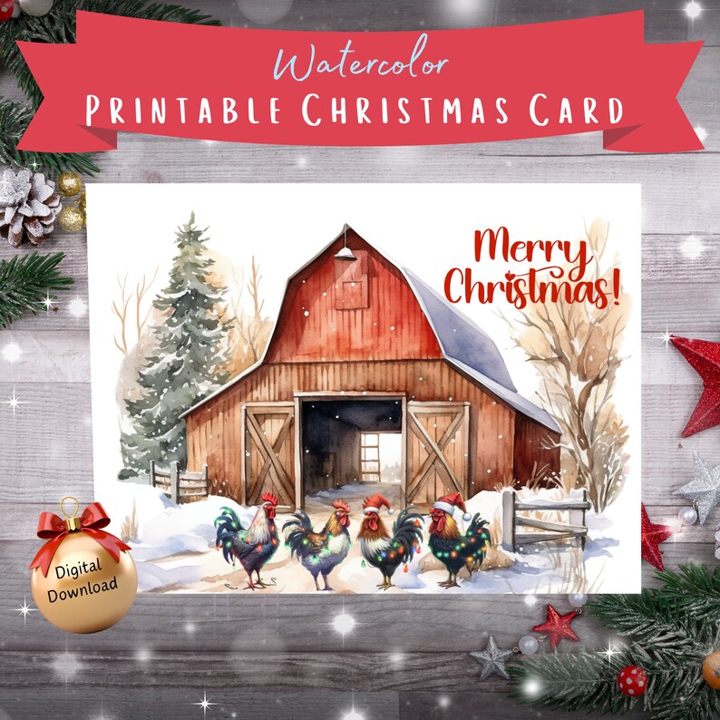 Printable Christmas Card, Watercolor Card, Chicken Lover Card, Farm ...
