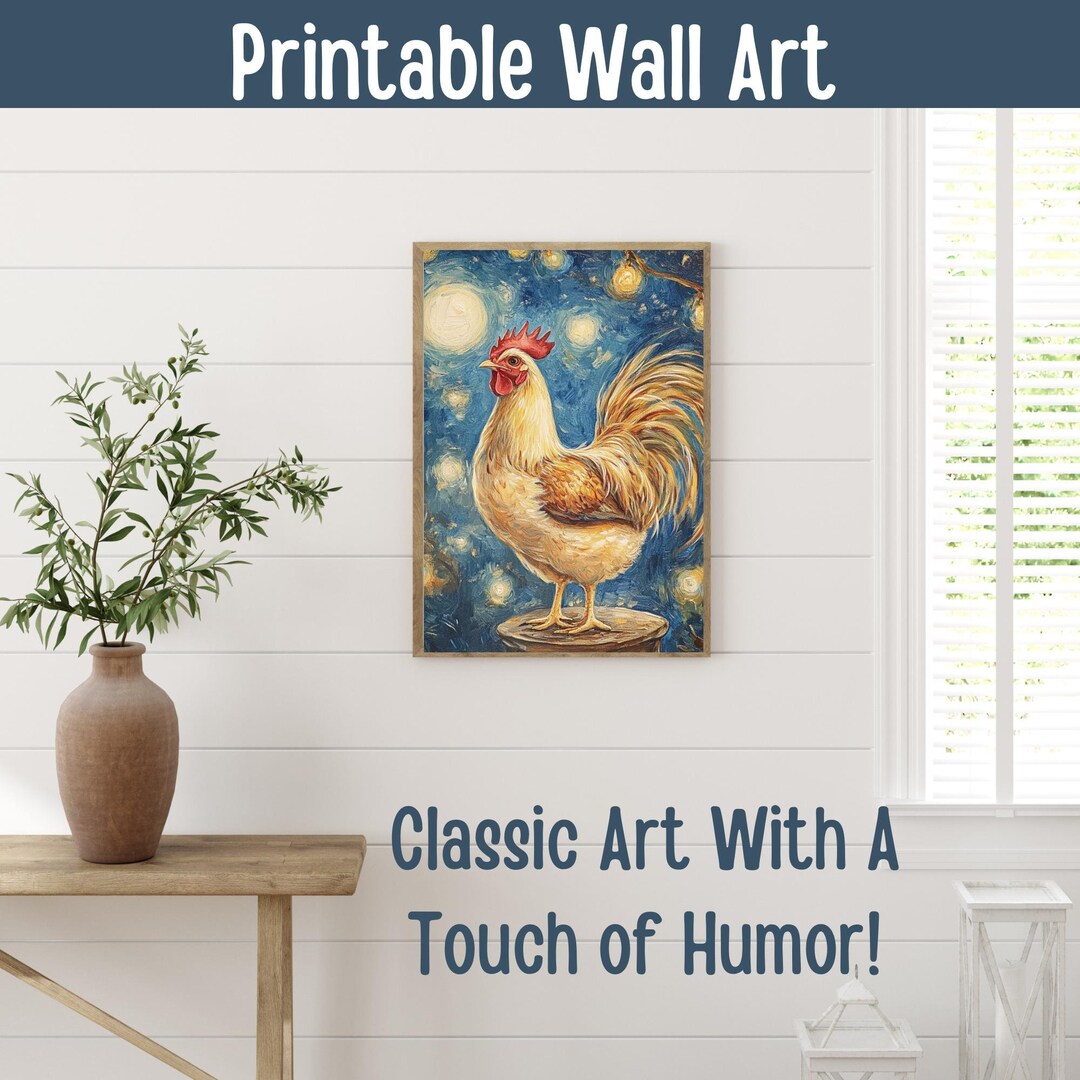 Printable Wall Art Starry Night and A Chicken, Chicken Print, Van Gogh ...