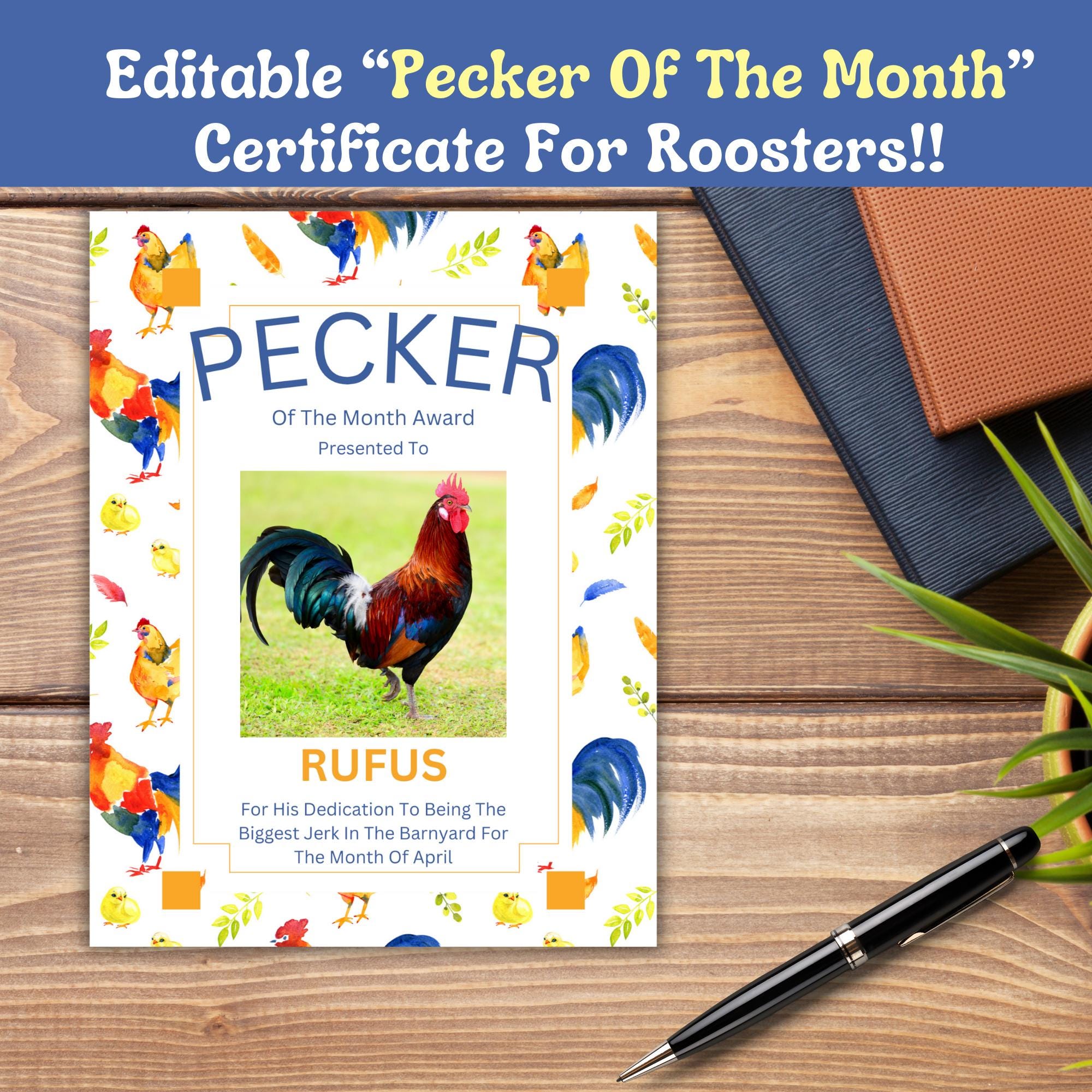 Funny Rooster Award, Editable Certificate for Grumpy Flock, Printable ...