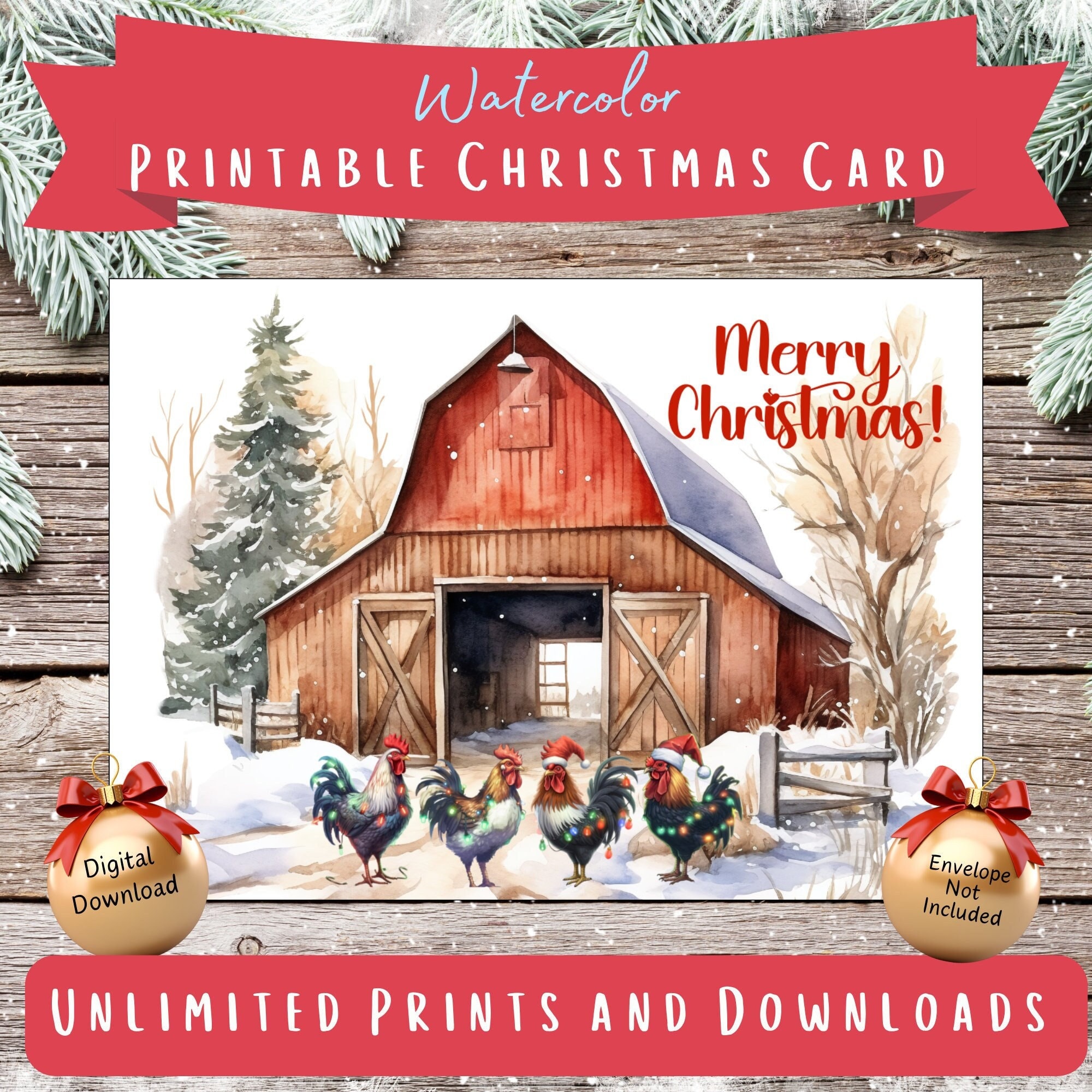 Printable Christmas Card, Watercolor Card, Chicken Lover Card, Farm ...