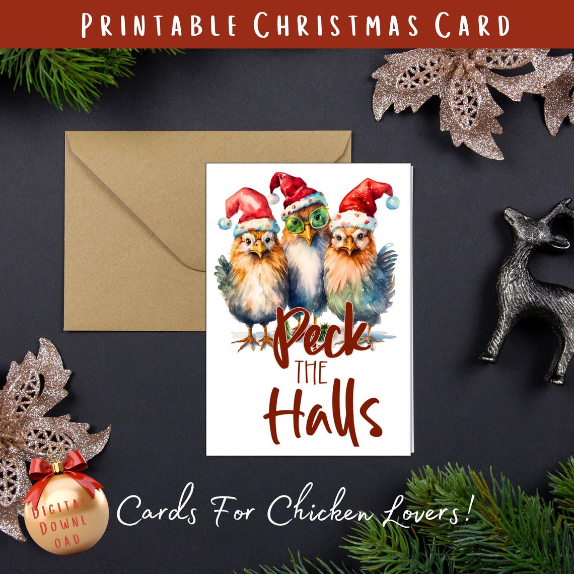 Printable Christmas Card, Chicken Card, Chicken Lover Card, Farm ...