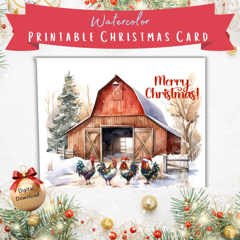 Printable Christmas Card, Watercolor Card, Chicken Lover Card, Farm ...
