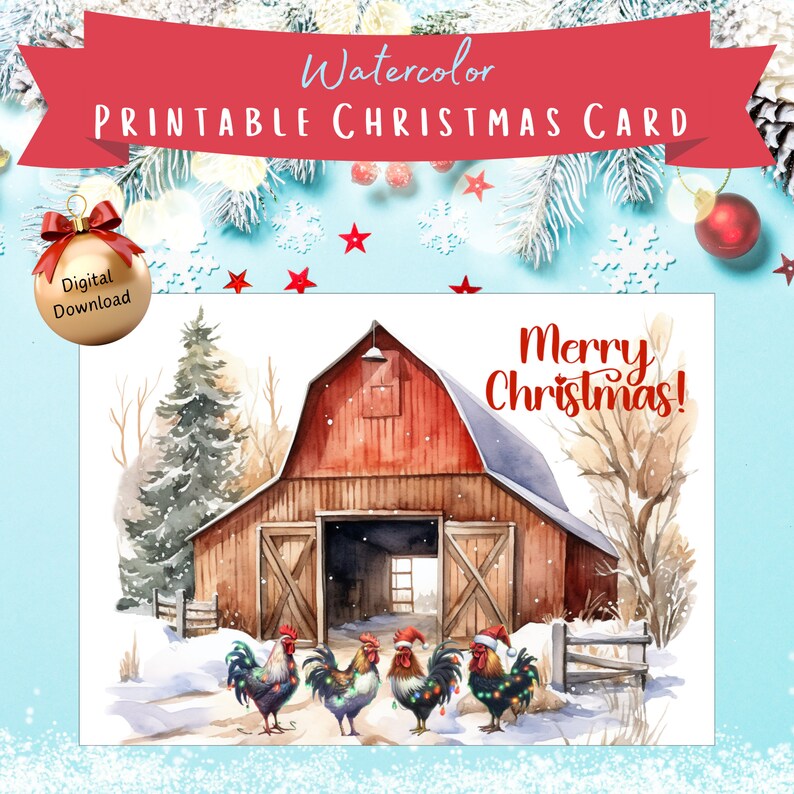 Printable Christmas Card, Watercolor Card, Chicken Lover Card, Farm ...
