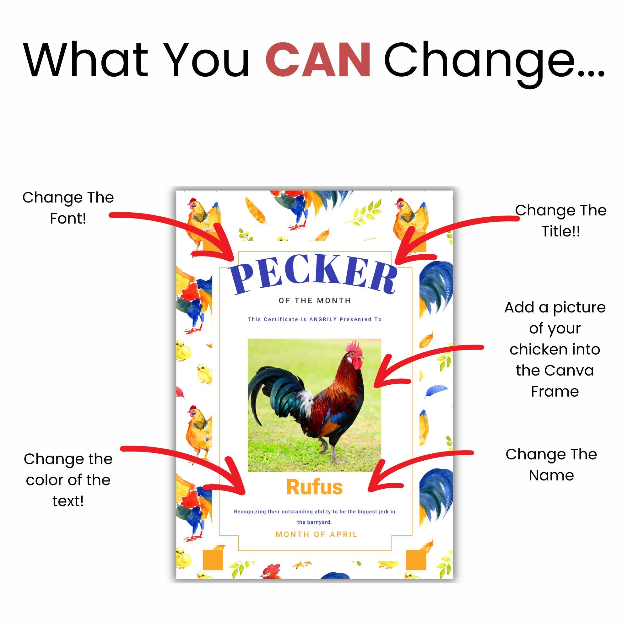 Funny Rooster Award, Editable Certificate for Grumpy Flock, Printable ...