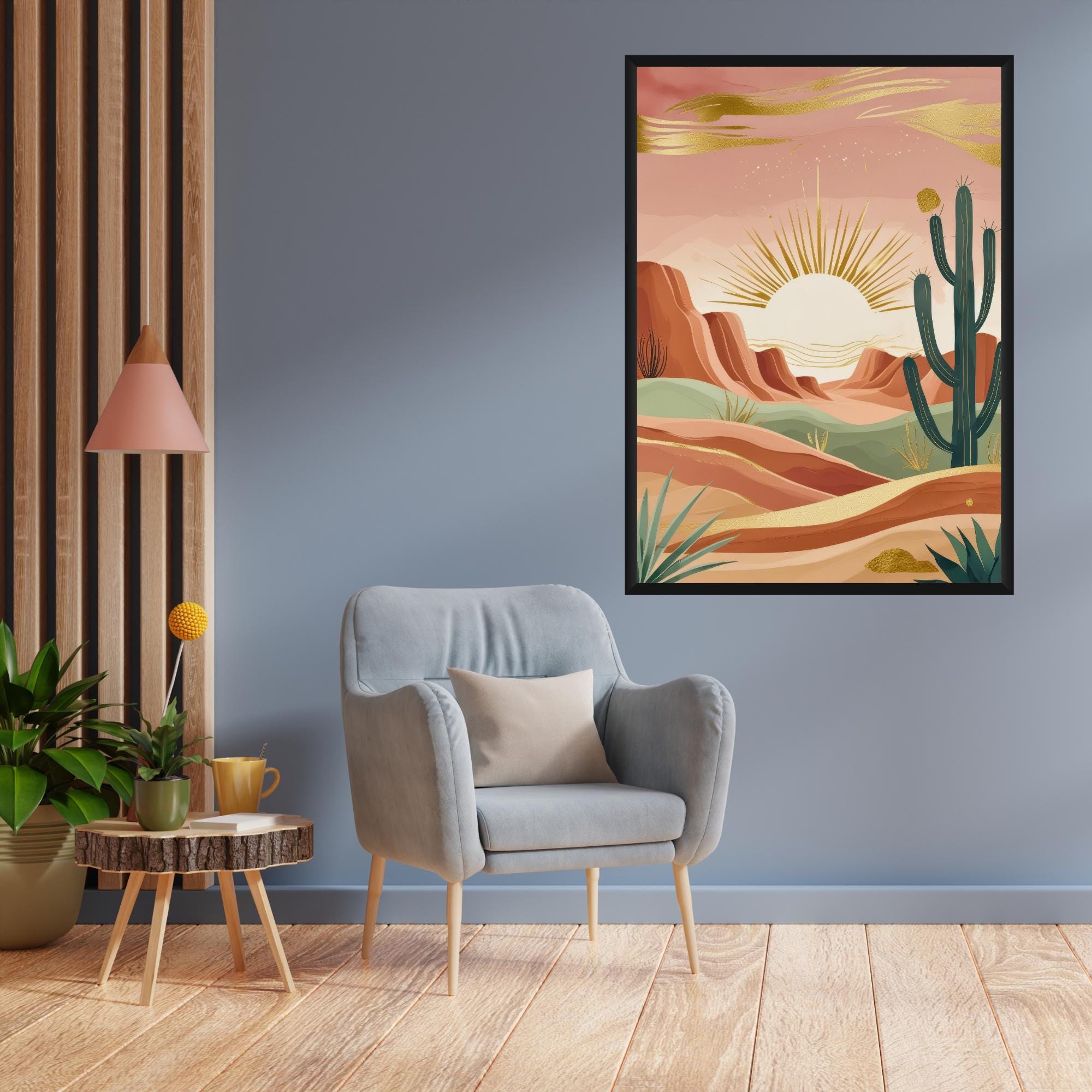 Boho Desert Landscape Art Print: Gold Accents, Earth Tones (digital ...