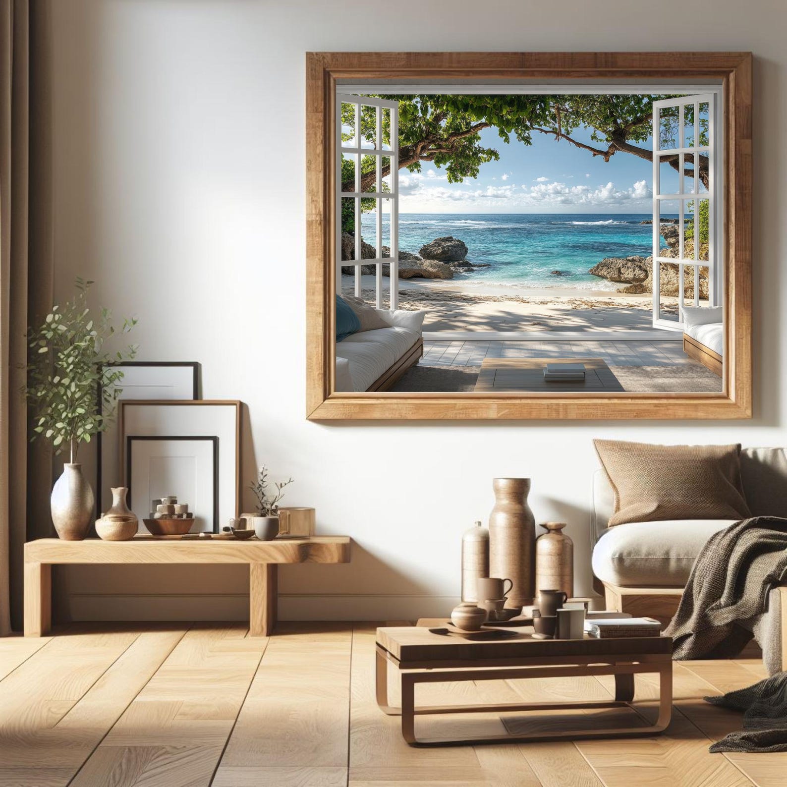 Beach View 3D Printable Wall Art, Coastal Ocean Scene, Tropical Window ...