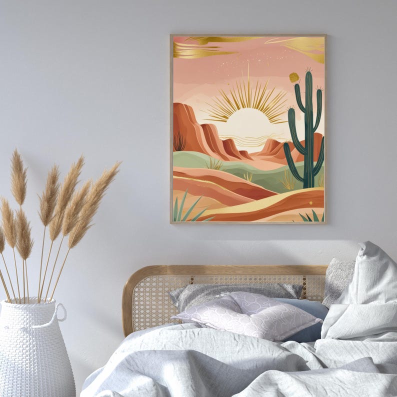 Boho Desert Landscape Art Print: Gold Accents, Earth Tones (digital ...