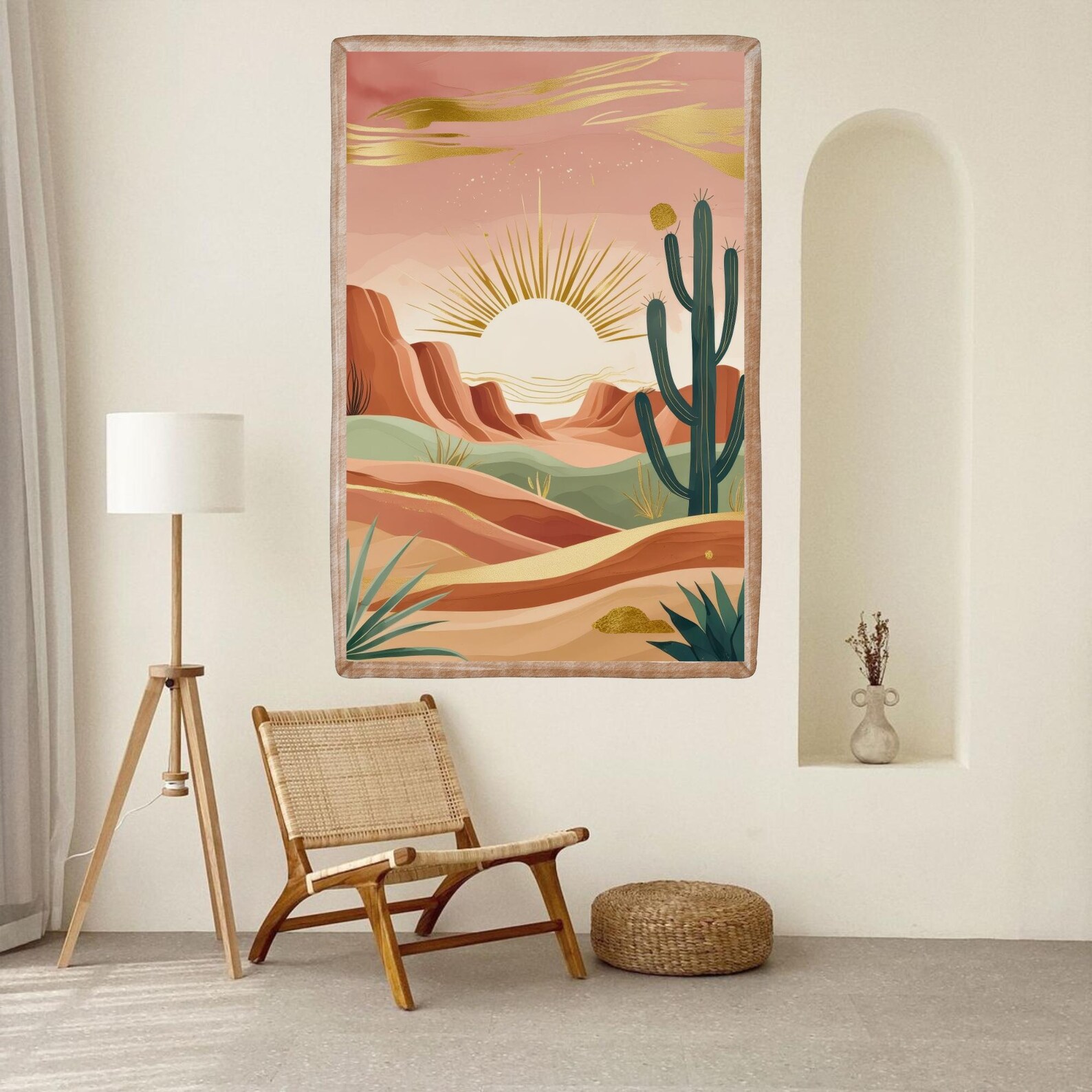Boho Desert Landscape Art Print: Gold Accents, Earth Tones (digital ...